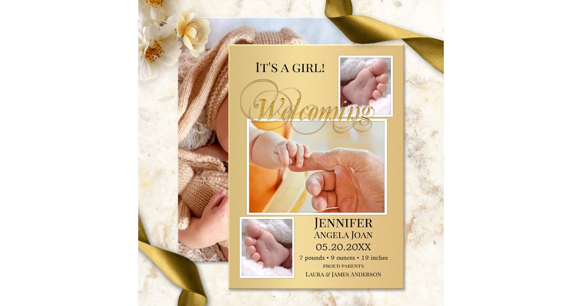 Gold Baby Birth Photos Announcement Card | Zazzle