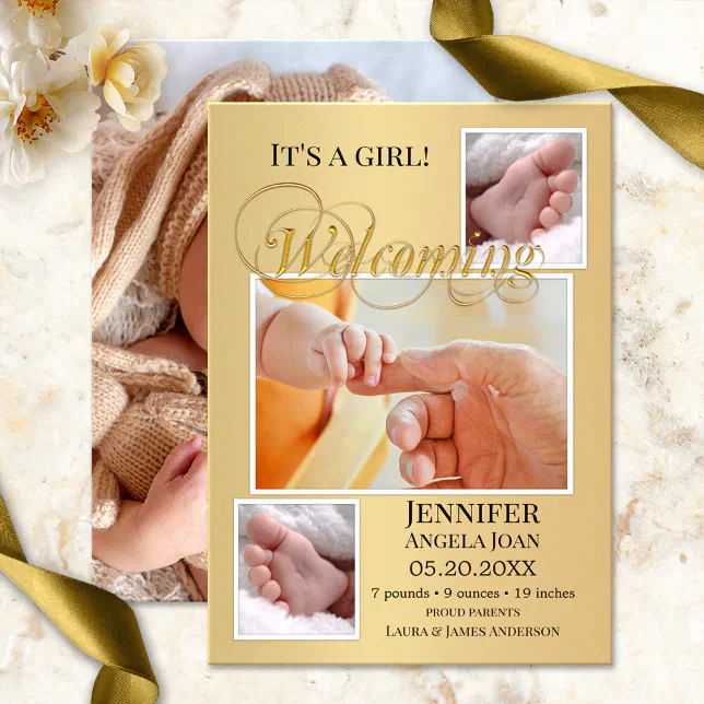 Gold Baby Birth Photos Announcement Card | Zazzle