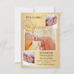 Gold Baby Birth Photos Announcement Card | Zazzle