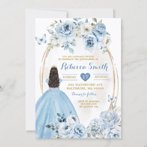 Gold Baby Blue Floral Princess Quinceañera Invitation | Zazzle