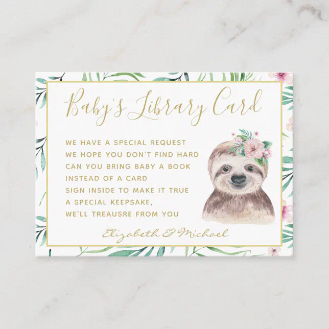 Gold Baby Library Book Request Sloth Floral Enclosure Card | Zazzle