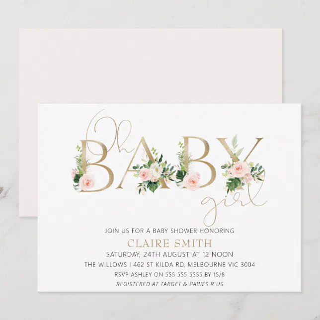 Gold Baby Word Floral Girls Baby Shower Invitation | Zazzle