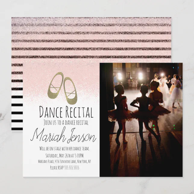 Gold Ballerina Shoes Glitter Stripes Dance Recital Invitation | Zazzle