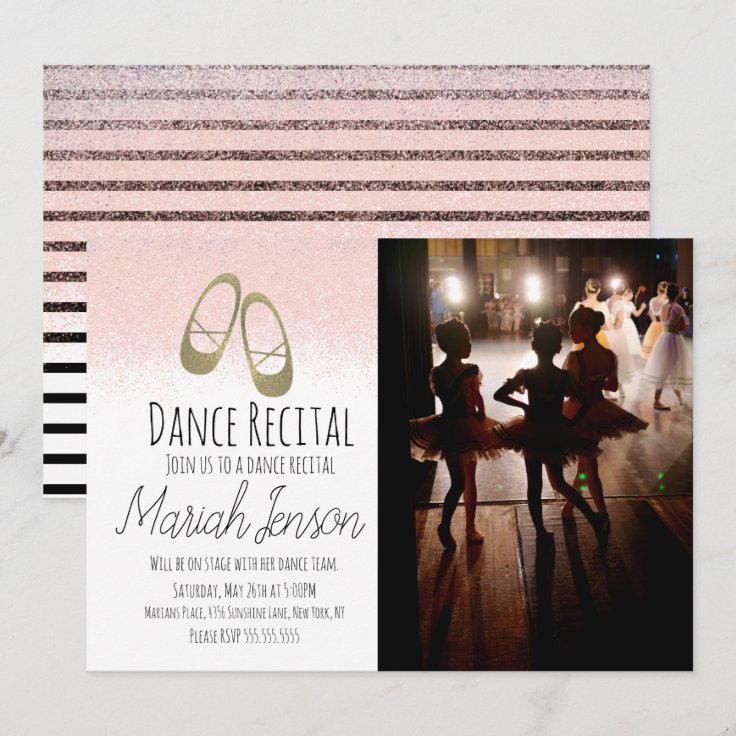 Gold Ballerina Shoes Glitter Stripes Dance Recital Invitation | Zazzle