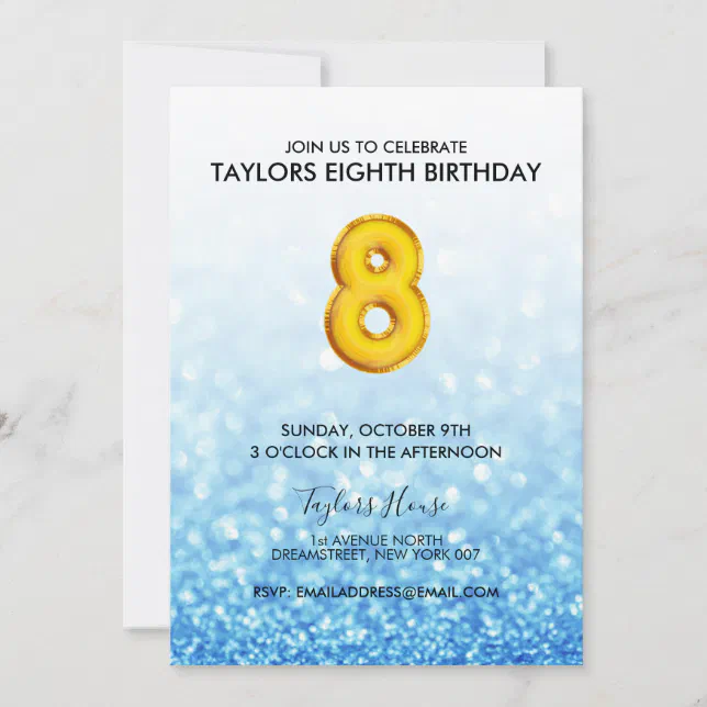 Gold Balloon Blue Glitter 8th Birthday Party Invitation | Zazzle