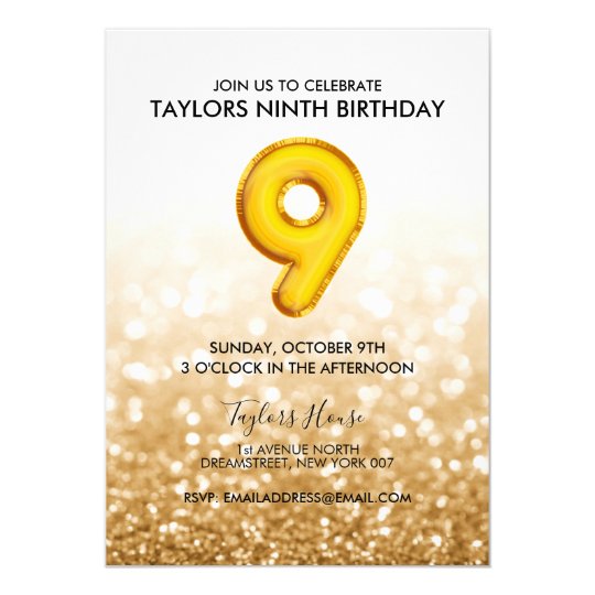 Gold Balloon Glitter 9th Birthday Party Invitation | Zazzle.com