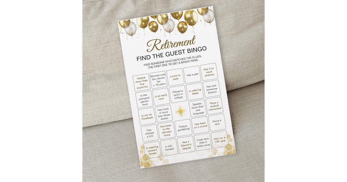 Gold Balloon Happy Retirement Party Game Bingo | Zazzle
