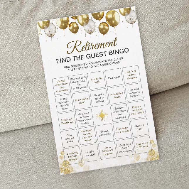 Gold Balloon Happy Retirement Party Game Bingo | Zazzle