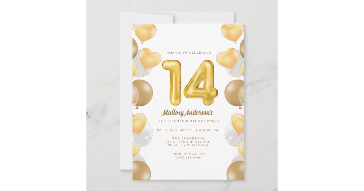 Gold Balloons 14th Birthday Party Invitation | Zazzle