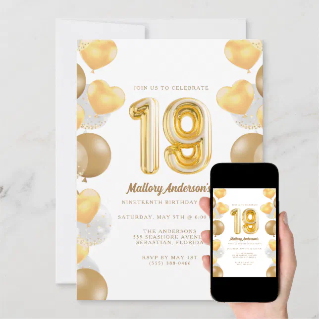 Gold Balloons 19th Birthday Party Invitation | Zazzle