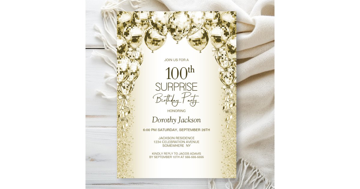 Gold Balloons Surprise 100th Birthday Party Invitation | Zazzle