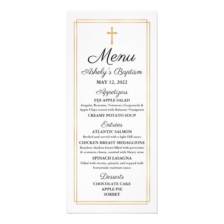 Gold Baptism Religious Menu Card | Zazzle