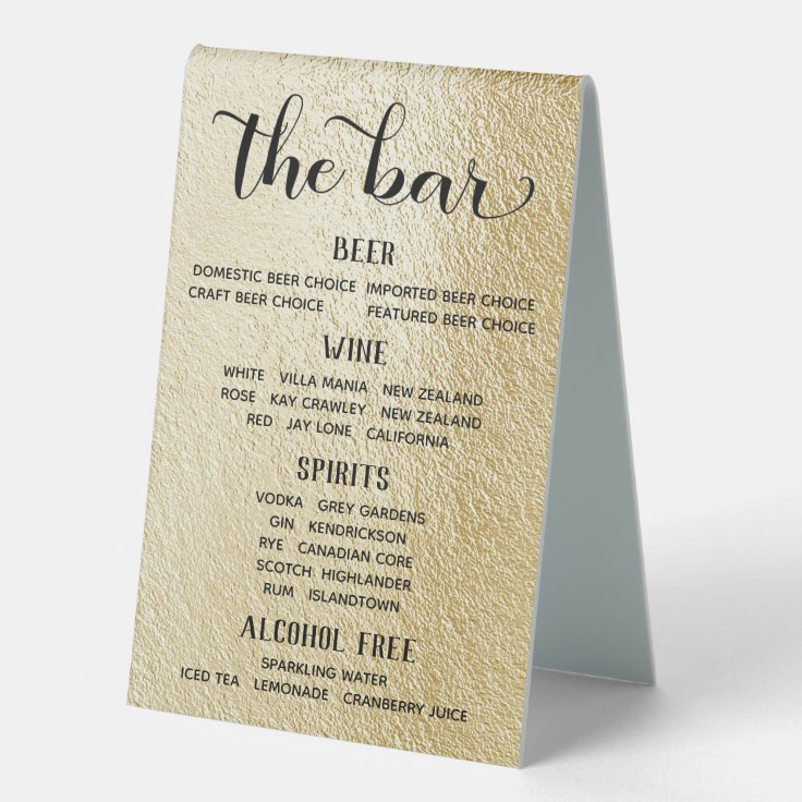 Gold Bar Menu Standing Sign | Zazzle