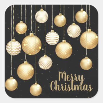 Gold Baubles Christmas Ornaments on Black Square Sticker | Zazzle