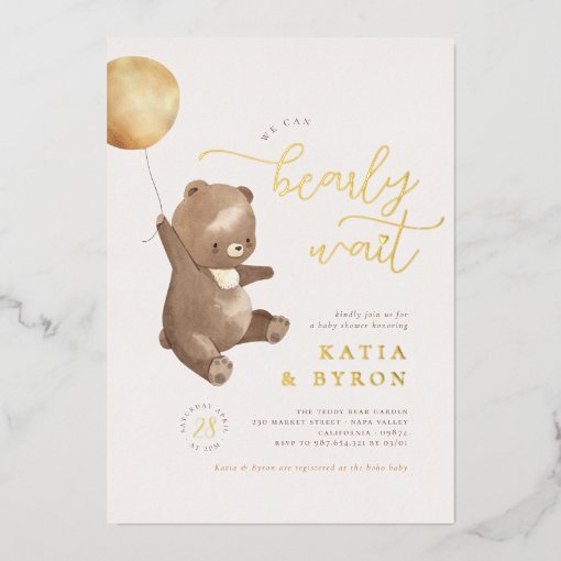 Gold Bearly Wait Gender Neutral Bear Baby Shower Foil Invitation | Zazzle