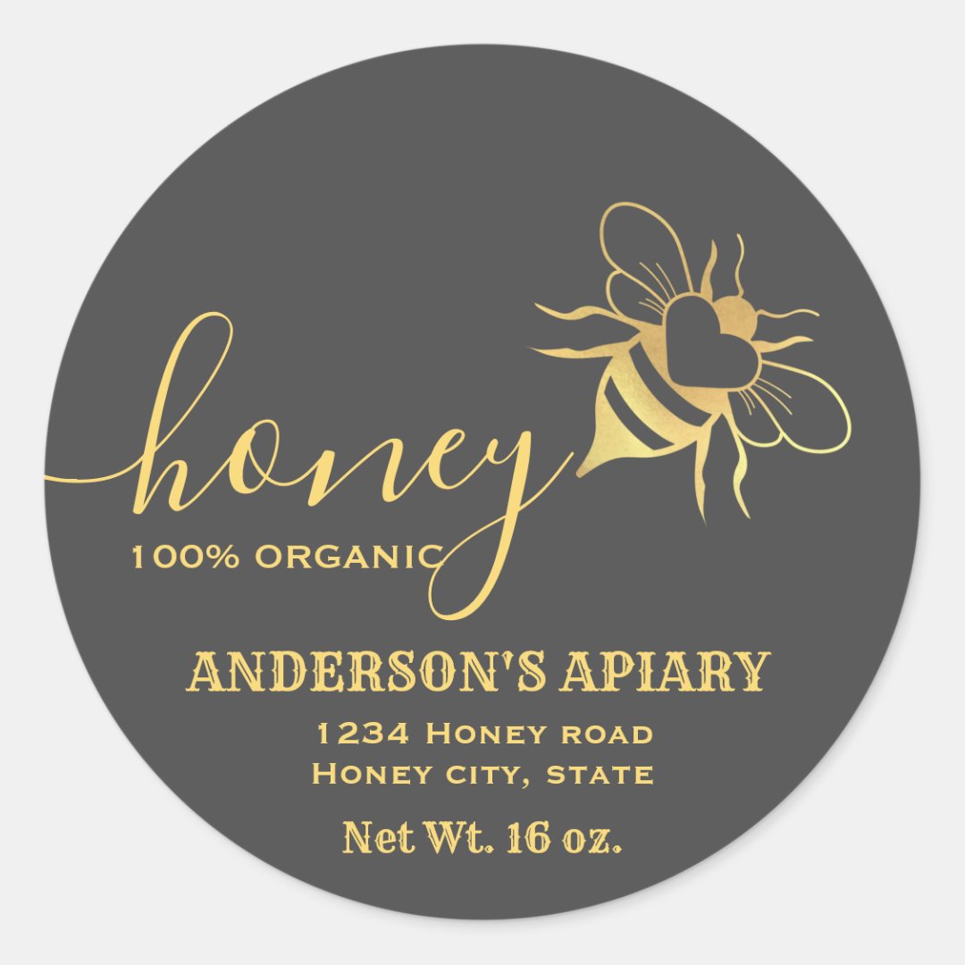Gold bee logo script honey jar classic round sticker | Zazzle
