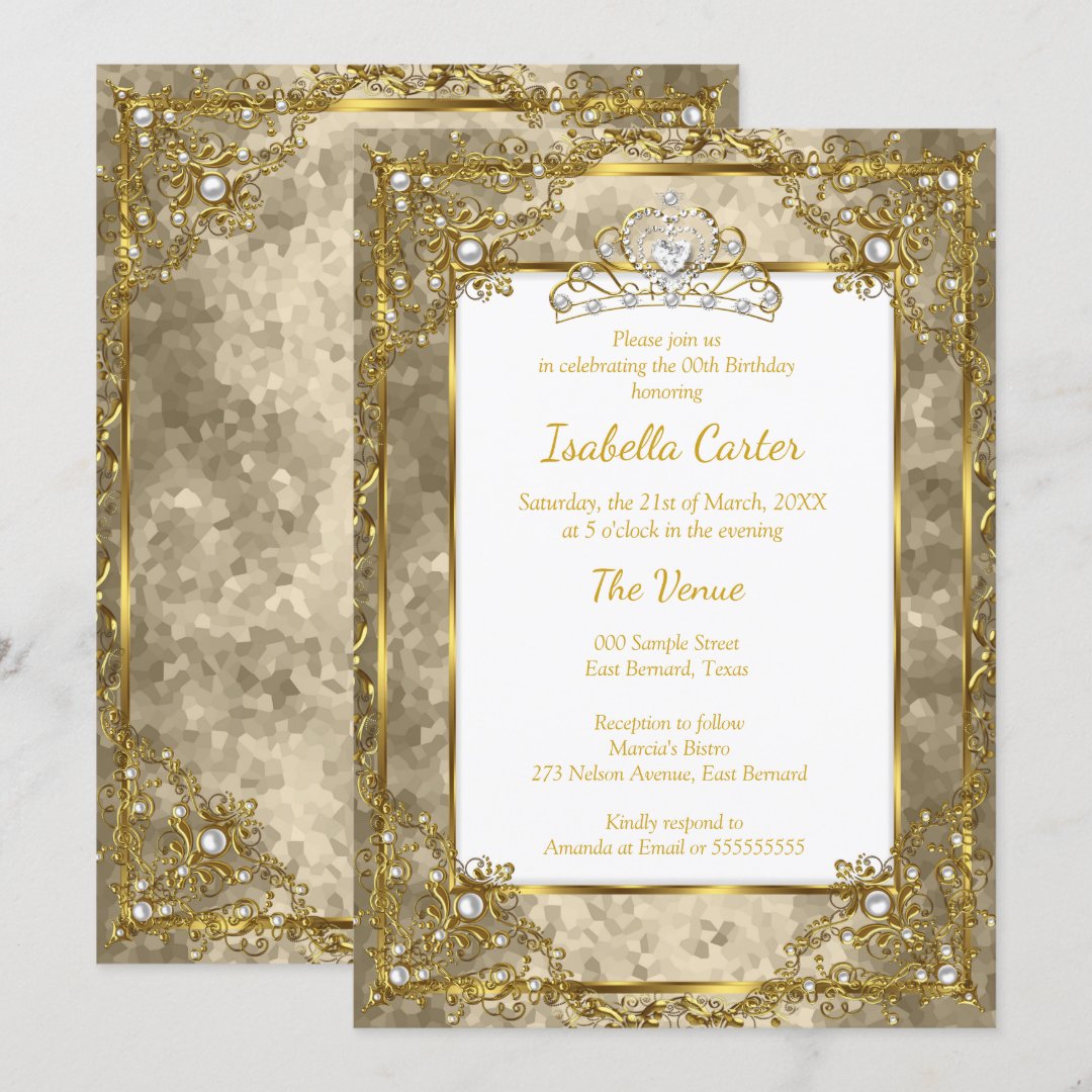 Gold Beige Birthday Party Gold White Tiara Invitation | Zazzle