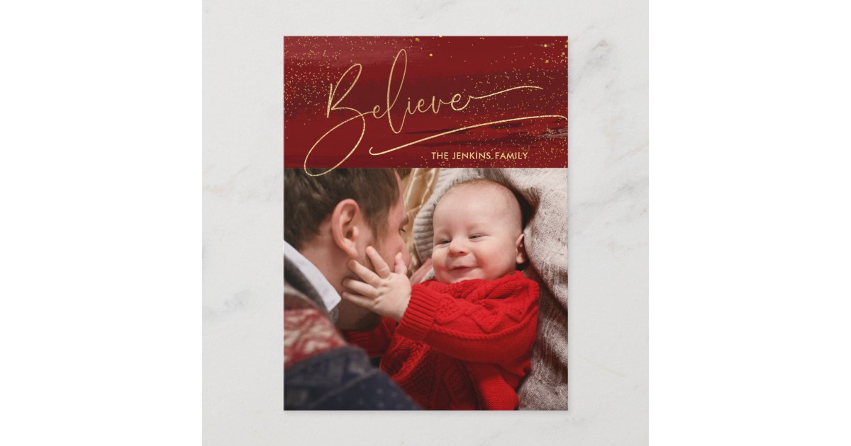 Gold Believe Calligraphy, Sparkles Photo - Red BG Holiday Postcard | Zazzle