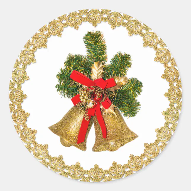 Gold Bells in Gold Frame Christmas Stickers | Zazzle