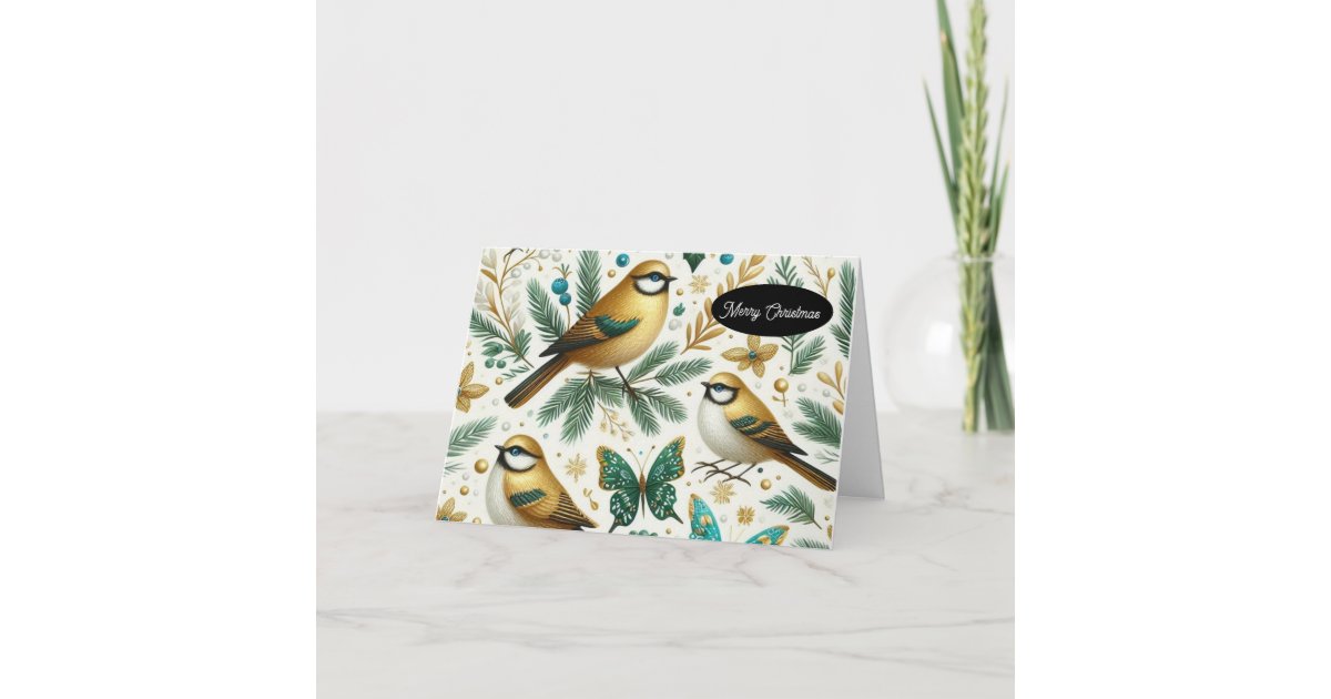 Gold Birds and Emerald Butterfly Holiday Card | Zazzle
