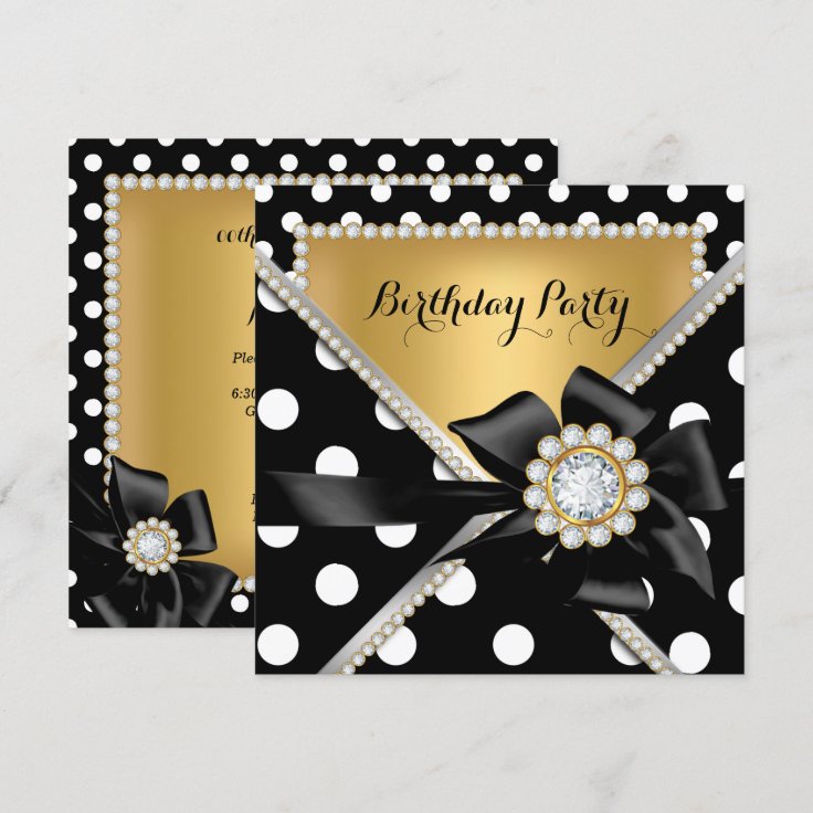 Gold Birthday Party Black White Polka Dots Invitation | Zazzle