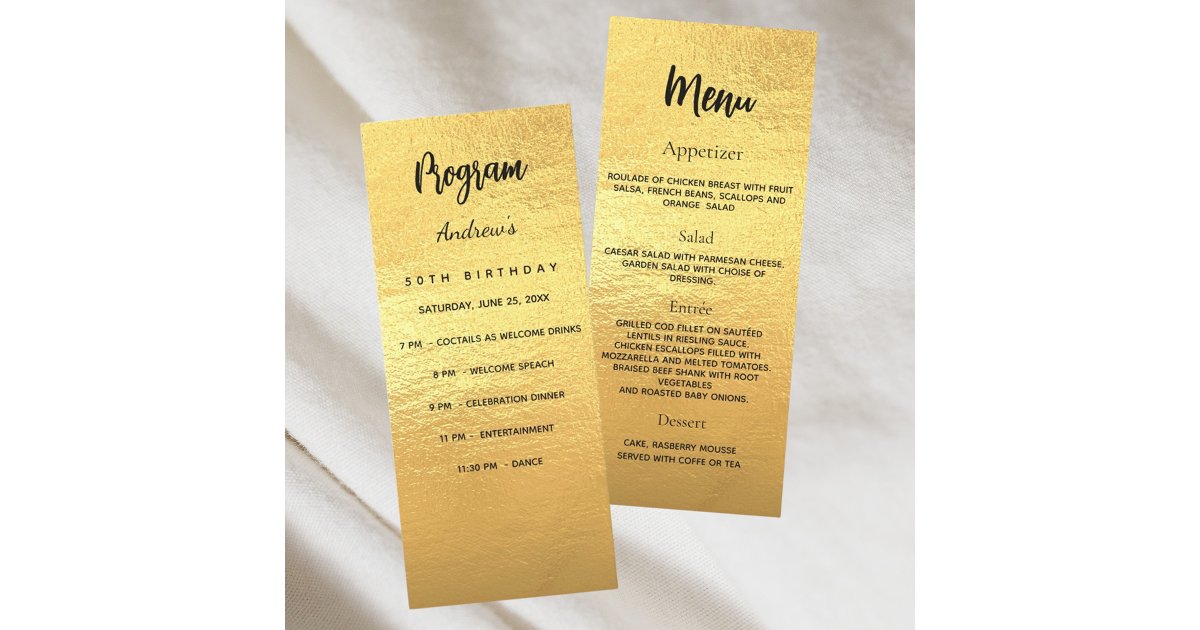 Gold birthday program dinner menu card | Zazzle