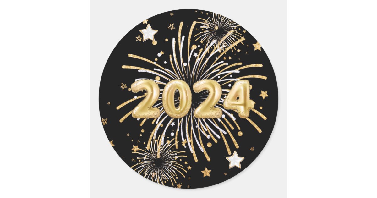 Gold Black 2024 New Year's Party Classic Round Sticker | Zazzle