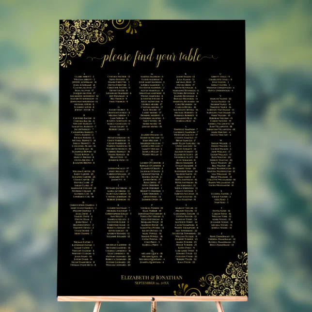Gold & Black 300 Person Alphabetical Seating Chart | Zazzle