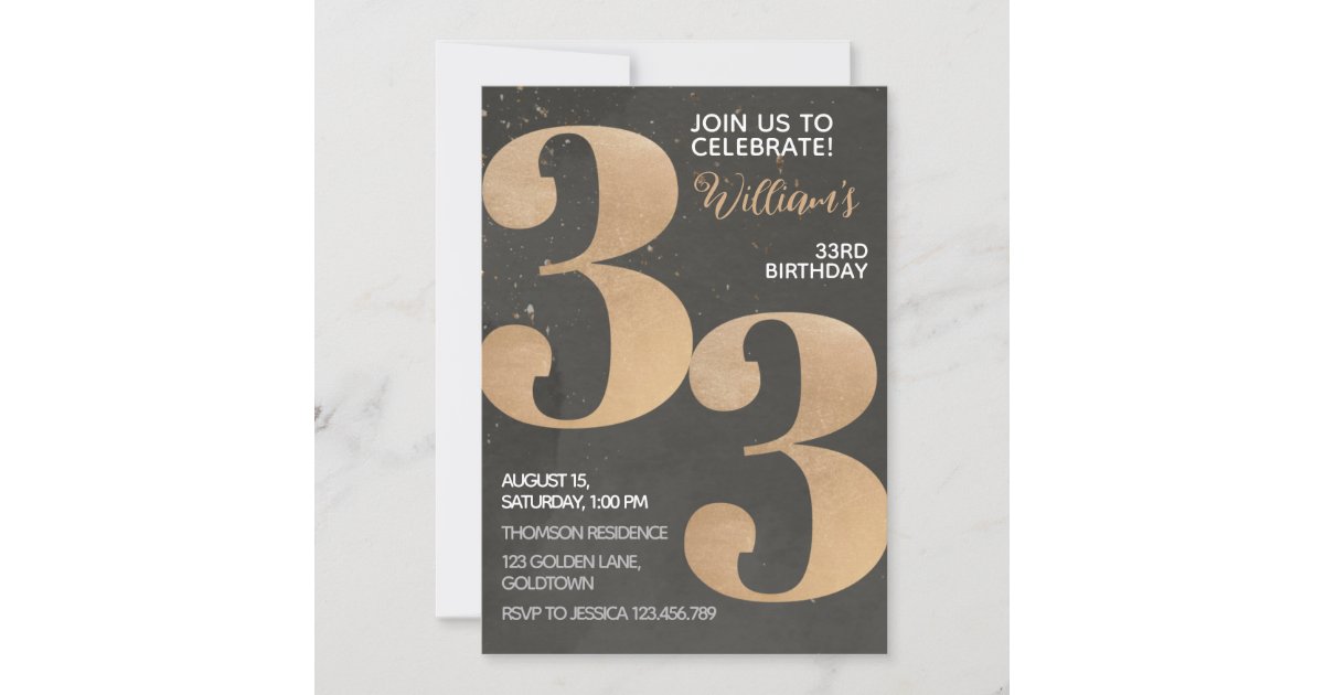 Gold Black 33rd Birthday Invitation | Zazzle