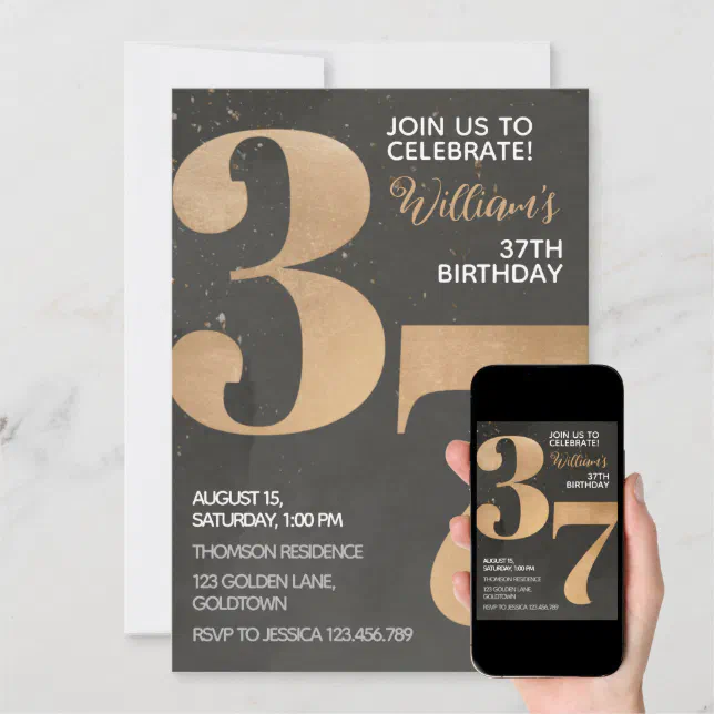Gold Black 37th Birthday Invitation | Zazzle