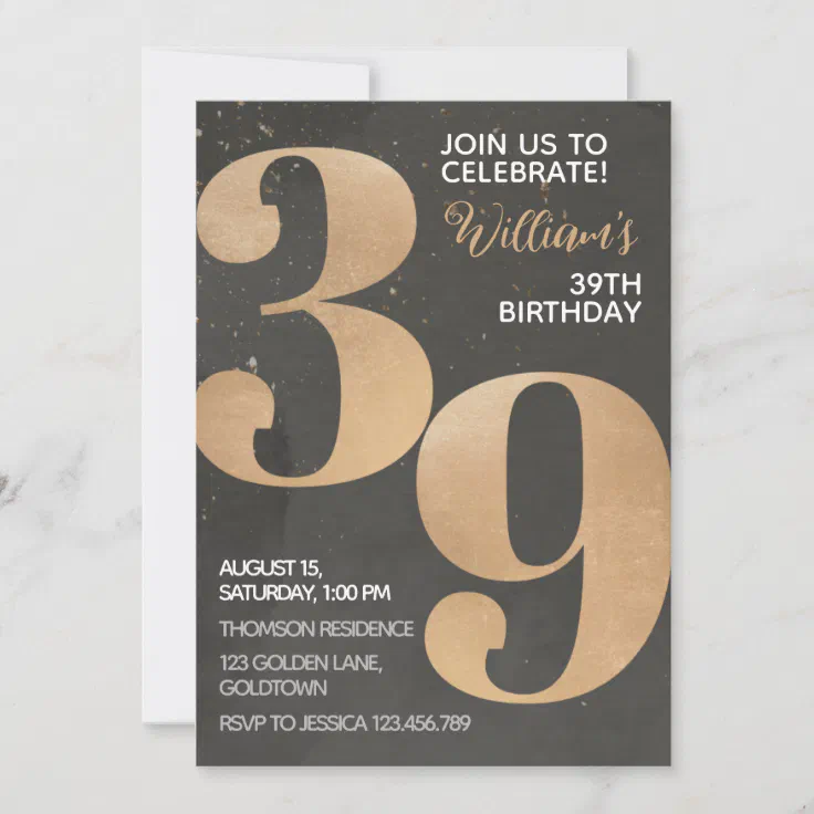 Gold Black 39th Birthday Invitation | Zazzle
