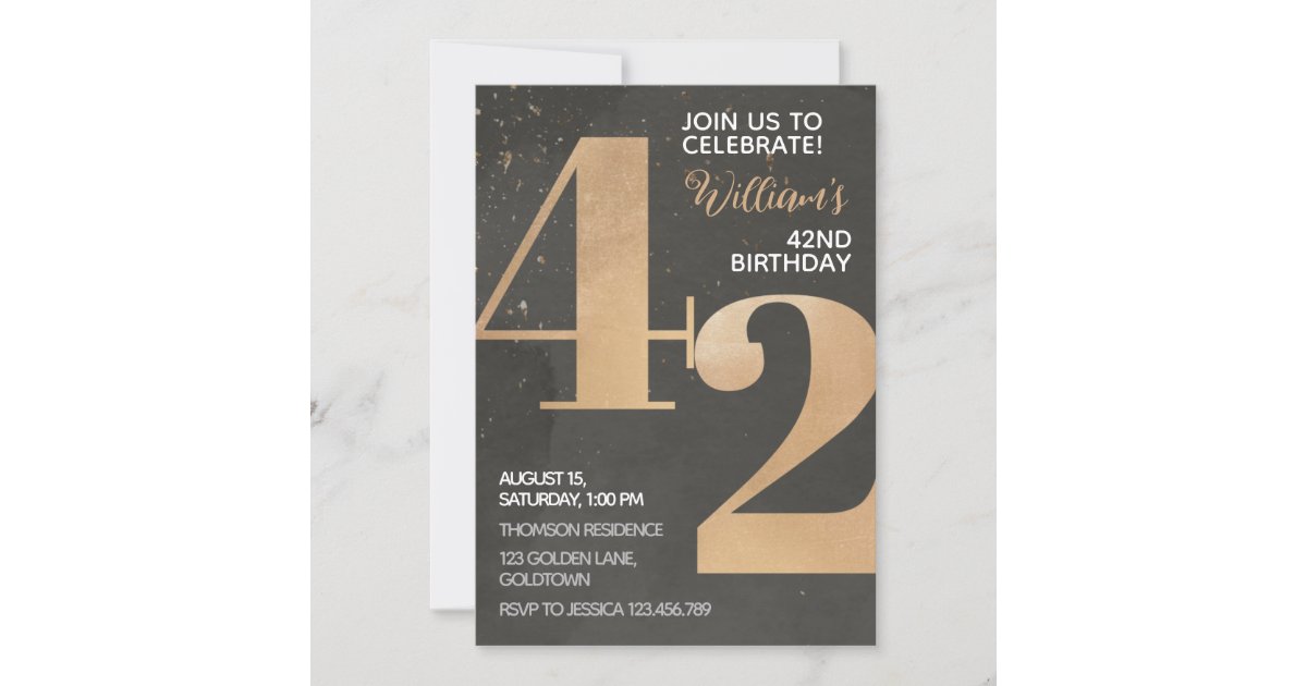 Gold Black 42nd Birthday Invitation | Zazzle