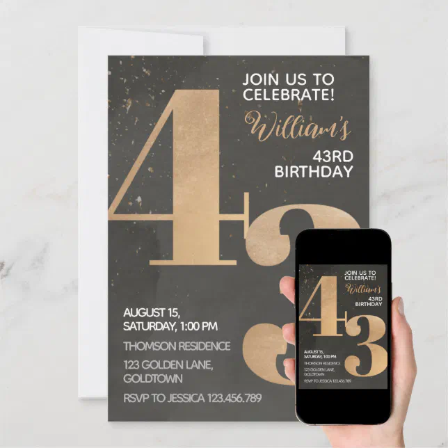 Gold Black 43rd Birthday Invitation | Zazzle