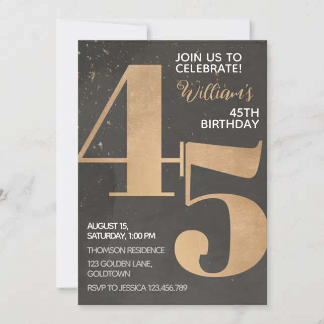 Gold Black 45th Birthday Invitation | Zazzle