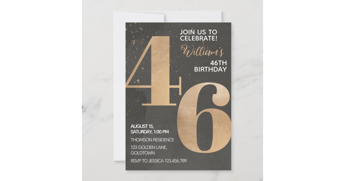 Gold Black 46th Birthday Invitation | Zazzle