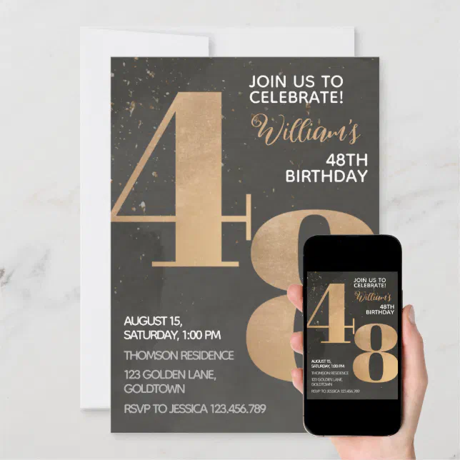 Gold Black 48th Birthday Invitation | Zazzle