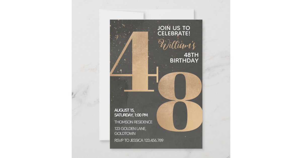 Gold Black 48th Birthday Invitation | Zazzle