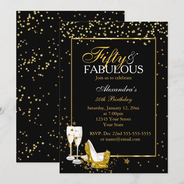 Gold Black 50 Fabulous Birthday champagne party Invitation | Zazzle