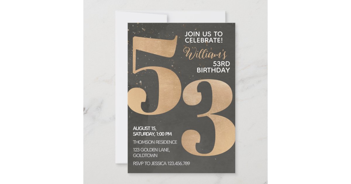 Gold Black 53rd Birthday Invitation | Zazzle