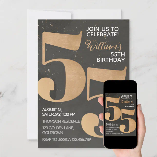Gold Black 55th Birthday Invitation | Zazzle