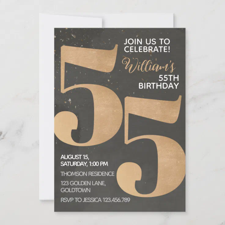 Gold Black 55th Birthday Invitation | Zazzle