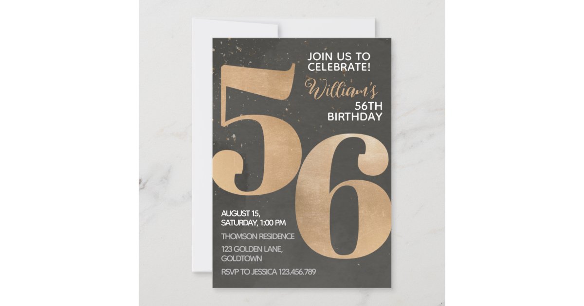 Gold Black 56th Birthday Invitation | Zazzle
