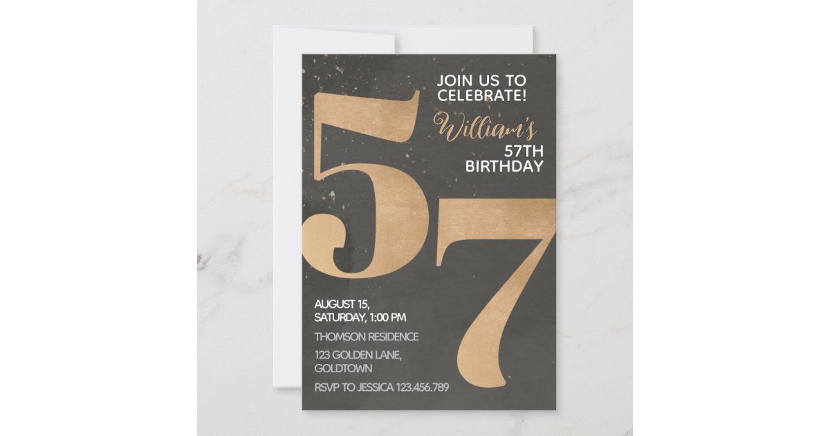 Gold Black 57th Birthday Invitation | Zazzle