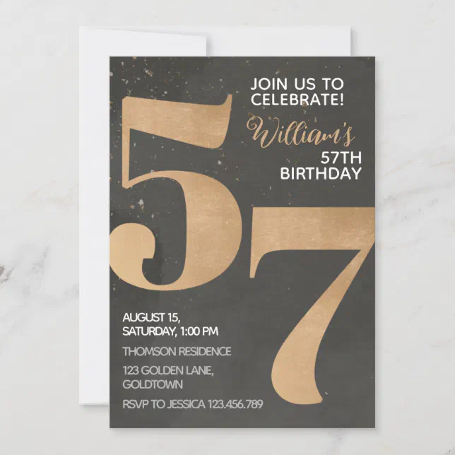 Gold Black 57th Birthday Invitation | Zazzle