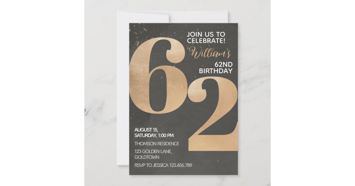 Gold Black 62nd Birthday Invitation | Zazzle