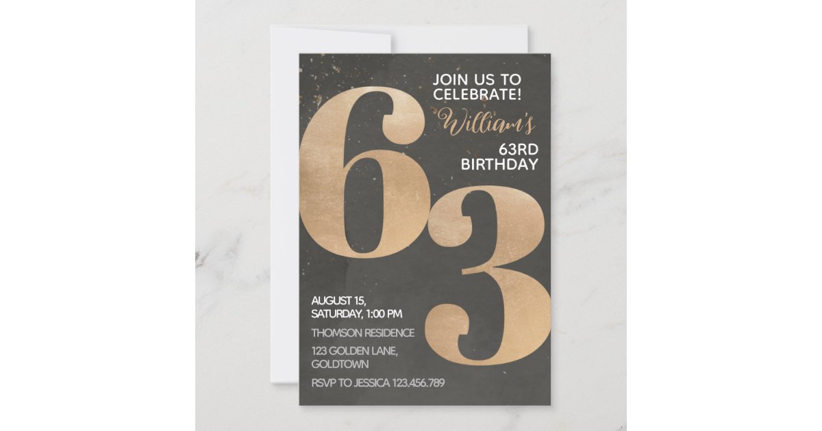 Gold Black 63rd Birthday Invitation | Zazzle