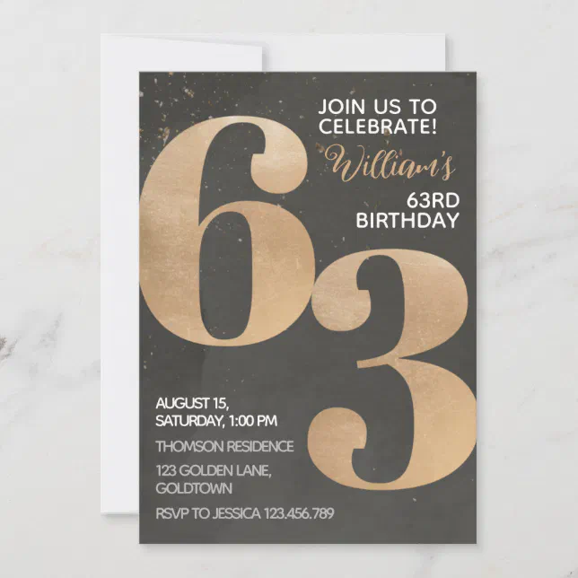 Gold Black 63rd Birthday Invitation | Zazzle