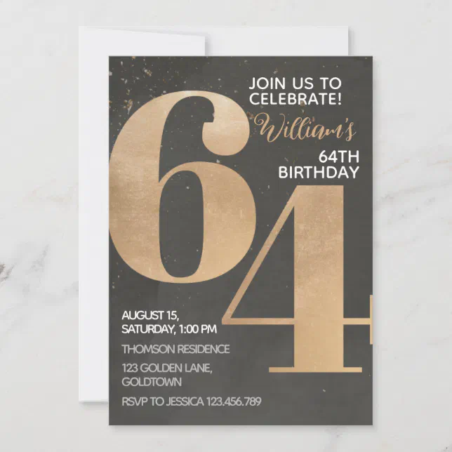 Gold Black 64th Birthday Invitation | Zazzle