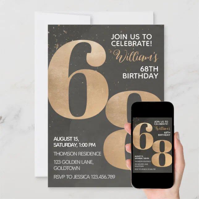 Gold Black 68th Birthday Invitation | Zazzle
