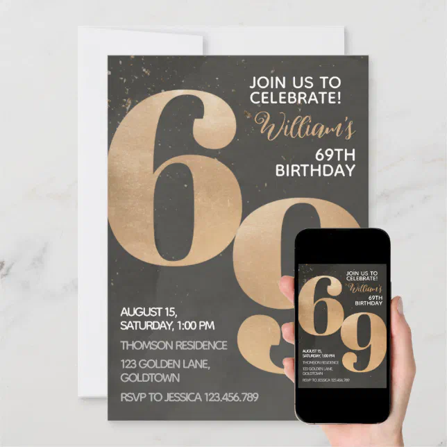 Gold Black 69th Birthday Invitation | Zazzle